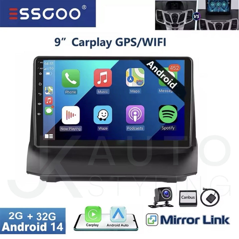 9" Carplay Android Auto Screen Upgrade With Camera For Ford Fiesta MK7 ...